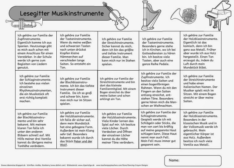 Ideenreise - Blog | Lesegitter „Musikinstrumente“